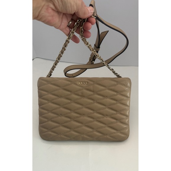 Dkny | Bags | Dkny Lara Top Zip Quilted Crossbody Bag Taupe Tan Chain ...